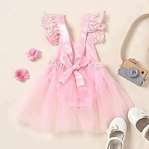IBTOM CASTLE Baby Girl 1st Birthday Outfit Boho Ruffle Sleeveless Lace Tulle Romper Princess Tutu Dress Backless Infant Bodysuit First Birthday Photoshoot Clothes Pink+Crown 12-18 Months