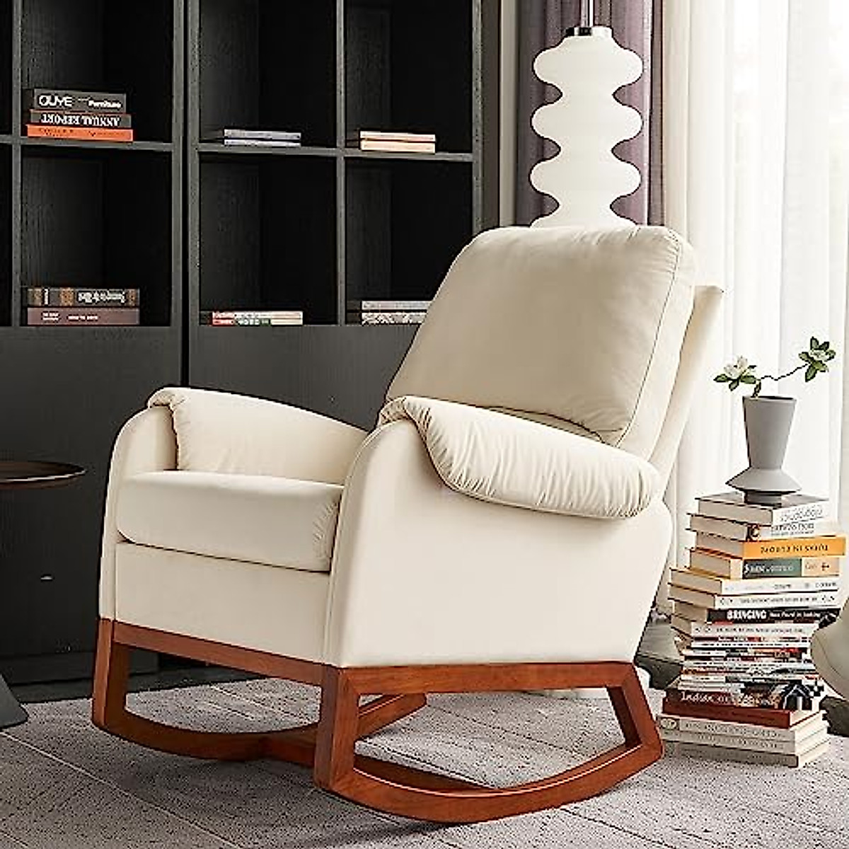 CALABASH Rocking Chair Nursery,Modern Comfy Armchair with Side Pocket,Mid-Century Upholstered Glider Rocker Chairs for Baby/Kids Room and Living Room (White Beige)