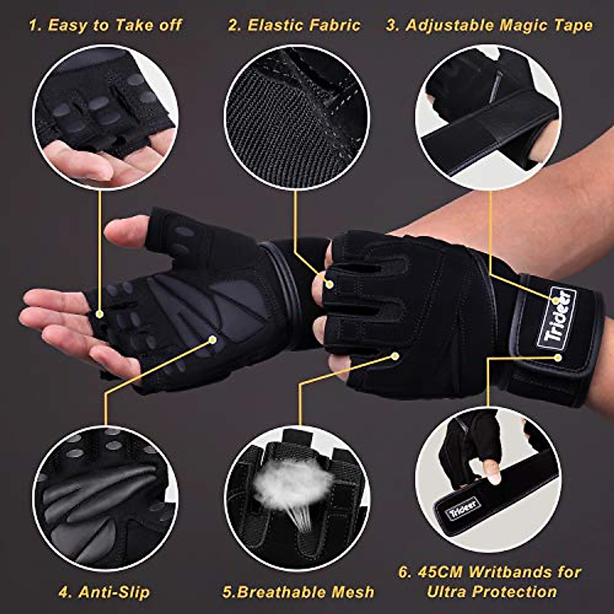 Trideer Padded Workout Gloves for Men - Gym Weight Lifting Gloves with Wrist Wrap Support, Full Palm Protection & Extra Grips for Weightlifting, Exercise, Cross Training, Fitness, Pull-up
