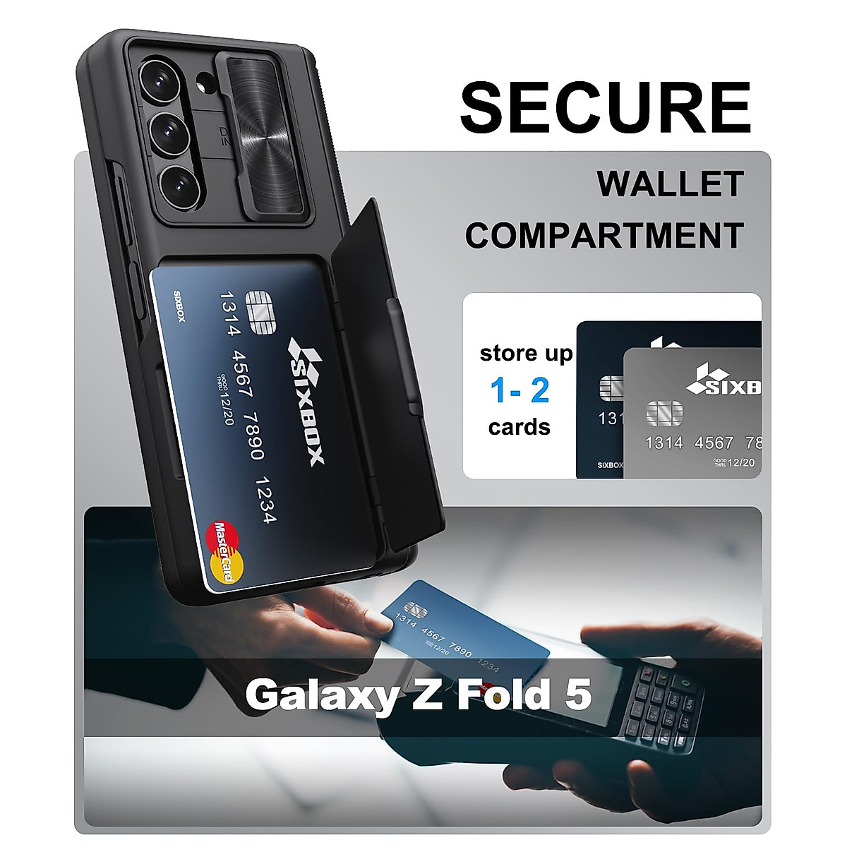 SIXBOX for Samsung Galaxy Z Fold 5 Case with Card Holder & Slide Camera Cover, Built-in Screen Protector & Hinge Protection, Shockproof Durable Wallet Phone Case for Galaxy Z Fold 5 5G 2023, Black