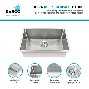 KABCO 18 Gauge 27 Inch Single Bowl Undermount Stainless Steel Kitchen Sink, Rust Resistant Sound and Heatproof Laser Cut Tight Radius SInk for Indoor or Outdoor Kitchens