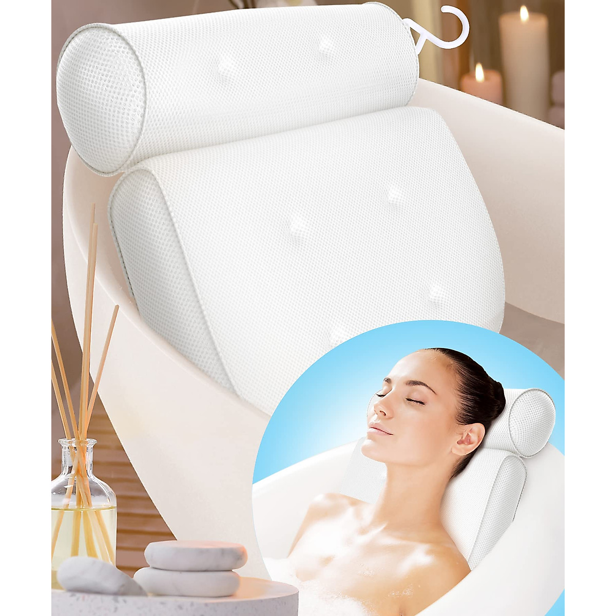 BASIC CONCEPTS Bathtub Pillow for Neck and Back Support with Drying Hook, Bathtub Pillow Machine Headrest for Soaking & Straight Back Tubs - Bath Accessories, Machine Washable, 6 Suction Cups