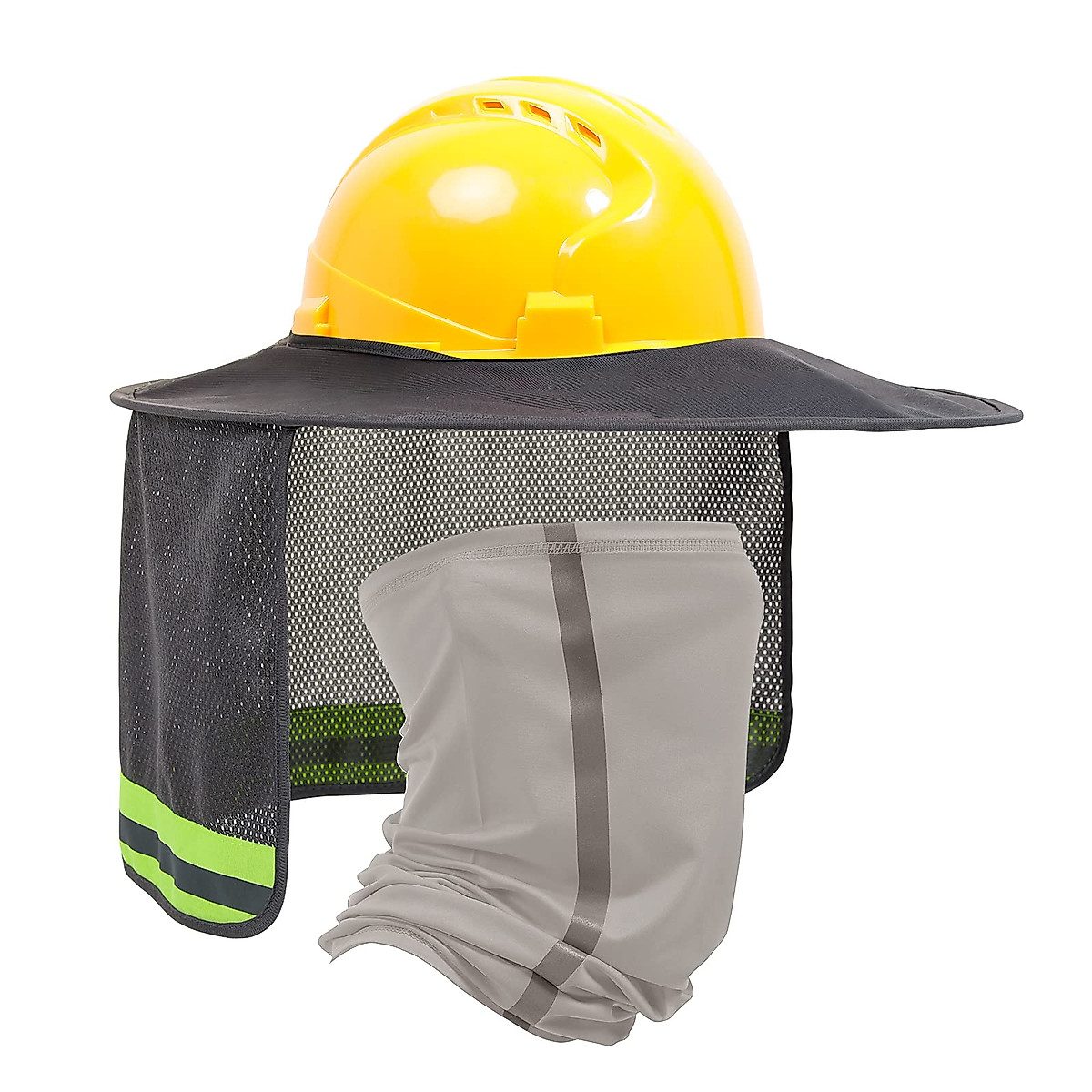 TCCFCCT Hard Hat Sun Shade, Full Brim Mesh Neck Sun Shield, High Visibility Sun Visor Neck Protection and Bandana Headband Face Scarf, Hard Hat Accessories, Hard Hat Not Included, 2 Packs, Grey