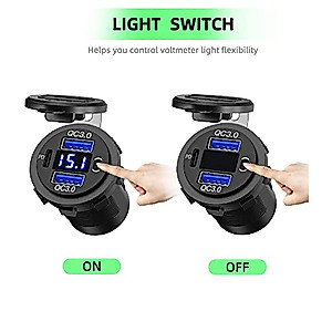 12V USB Outlet, Dual USB Quick Charge 3.0 Port & PD USB C Car Charger Socket with Voltmeter and Power Switch for Car Boat Marine Truck 2 Pack