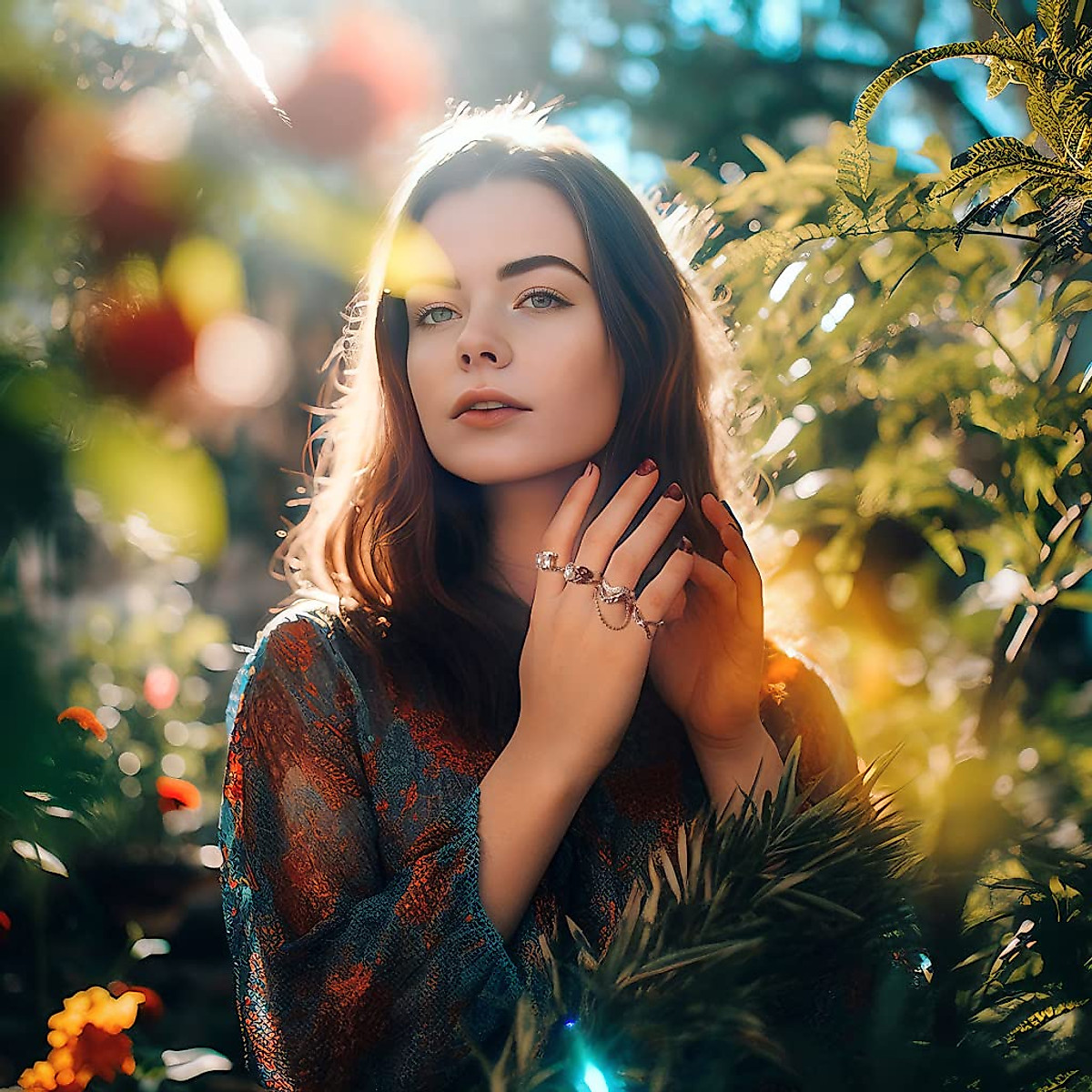 Gbinitail 4Pcs Nature-Inspired Adjustable Silver Ring Set - Platinum-Plated Stackable Rings with Zirconia, Pearl, Twig & Chain Details for a Unique Aesthetic, Size 5.5-7.5