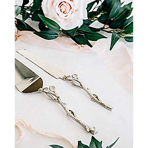 Elegant Rustic Cake Server and Knife Set with Beautiful Leaf Design, Ideal Cake Cutting Set For Wedding Party's and Elegant Events, 2 Piece Silver Twig Pie Server Set…
