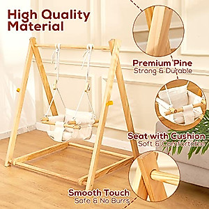 FUNLIO Wooden Toddler Swing Set with 4 Sandbags, Foldable Baby Swing Set with Durable Pine & Velcro, Portable Swing for Toddlers 6-36 Months, Kid Swing for Indoor/Outdoor/Backyard (Upgraded)