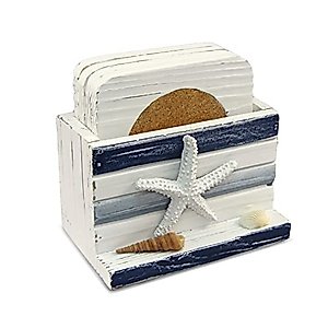 COTA Global Blue Stripes Nautical Wooden Coaster Set - Table Top Centerpiece Coastal Decor for Kitchen, Home, Beach House, Rustic Decorative 4 Coasters Set with Holder - Handmade Color May Vary