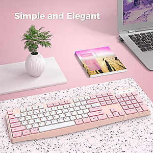 Lovaky Wireless Keyboard, 2.4G Ergonomic Wireless Computer Keyboard, Enlarged Indicator Light, Full Size PC Keyboard with Numeric Keypad for Laptop, Desktop, Surface, Chromebook, Notebook,PinkWhite