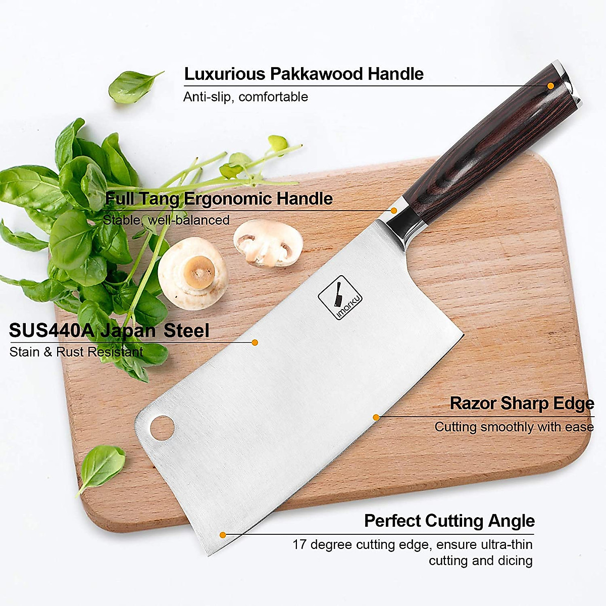 Cleaver Knife and 15-Pieces Knife Set, imarku Japan Stainless Steel Knife Set with Block and Knife Sharpener, 7 Inch Meat Cleaver or Home Kitchen and Restaurant