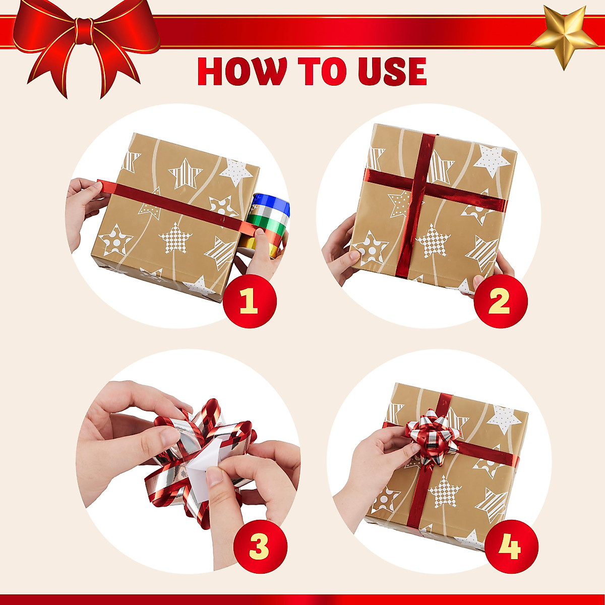 JOYIN 75 PCS 3 Inch Christmas Self Adhesive Gift Bows and 2 Rolls of Christmas Curling Ribbons for Baskets, Wine Bottles Decoration, Gift Wrapping and Decoration Present