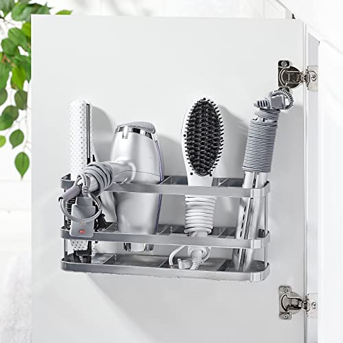 mDesign 4-Section Oval Bathroom Wall Mounted Hair Tool Storage Organizer - Metal Accessory Basket - Hanging Holder for Hair Dryer, Straightener, and Curling Iron - Carson Collection - Chrome
