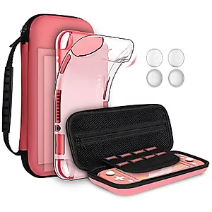 GeeRic 8PCS Case Compatible with Switch Lite, Carrying Case Accessories Kit, 1 Soft Silicon Case + 2 Screen Protector + 4 Thumb Caps + 1 Storage Carrying Coral
