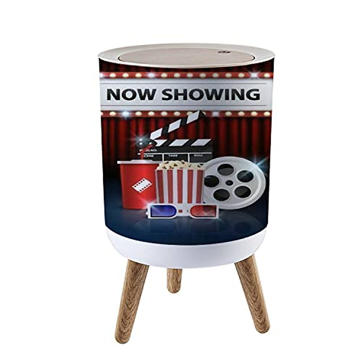 Small Trash Can with Lid Cinema background concept movie theater object on red curtain Garbage Bin Round Waste Bin Press Cover Dog Proof Wastebasket for Kitchen Bathroom Living Room 1.8 Gallon