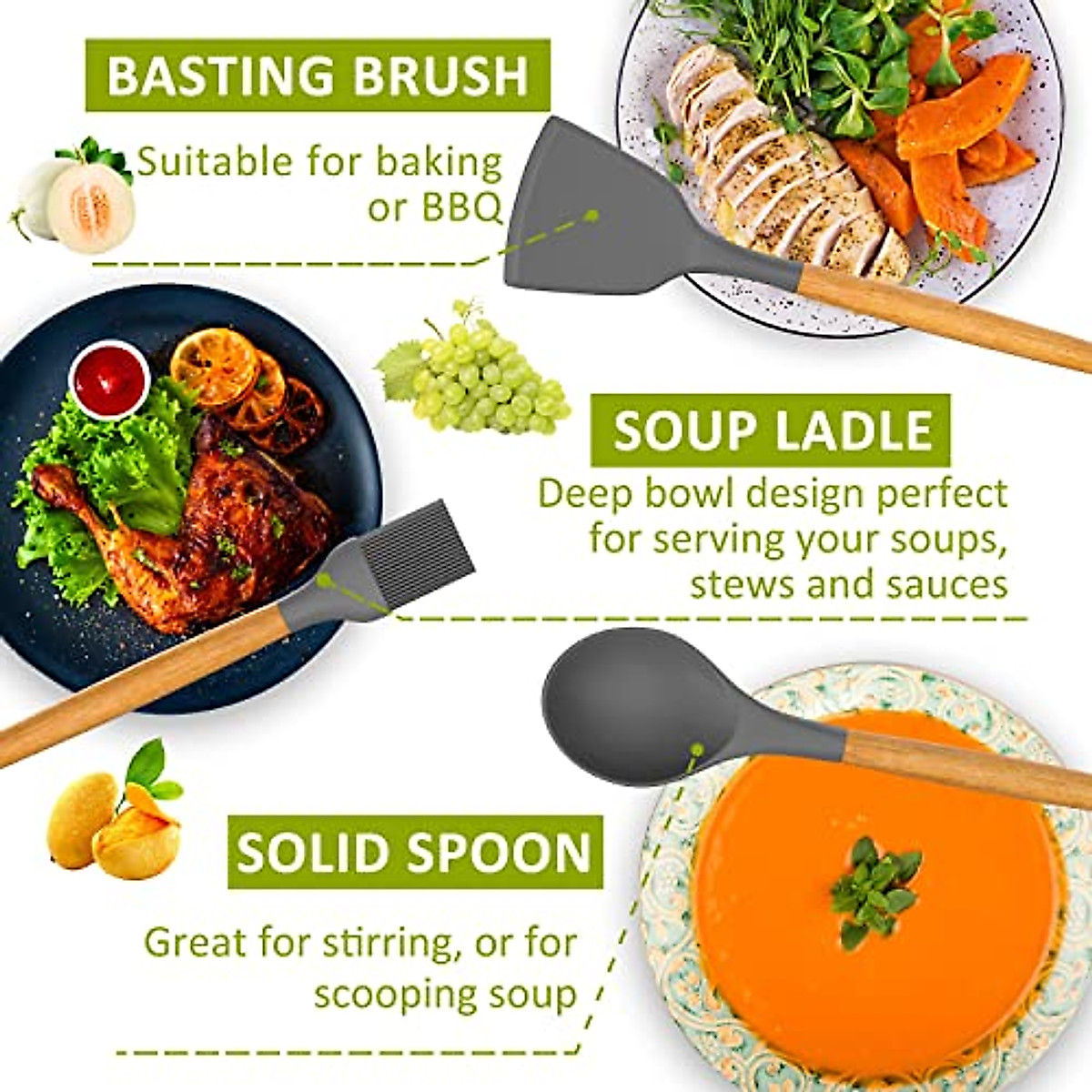 Silicone Cooking Utensil Set, 35 Pcs Kitchen Utensils Cooking Utensils Set by Fungun, Non-stick Heat Resistant Kitchen Gadgets Cookware with Natural Wooden Handle -(Gray)