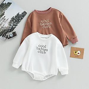 Amiblvowa Gender Neutral Baby Sweatshirt Romper Long Sleeve Crewneck Bubble Bodysuit Sweater Jumper Newborn Girl Boy Clothes (Coffee Cool Babies Club, 12-18 Months)