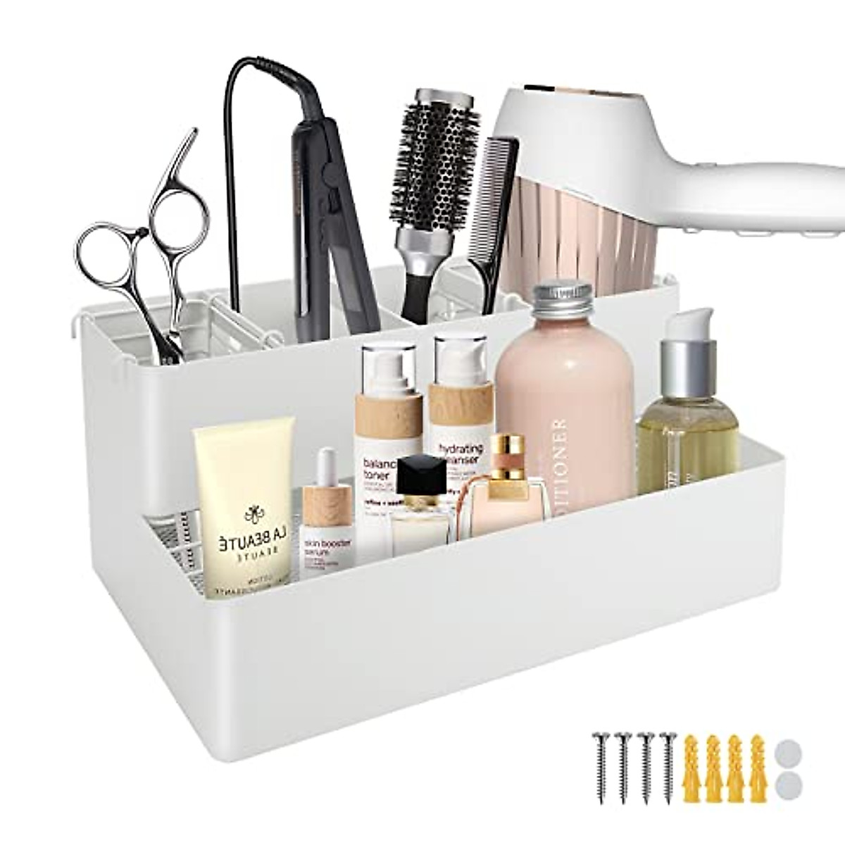 BUSOKIP Hair Tool Organizer/Hair Dryer Holder Wall Mount. Large Bathroom Sink Organizer Countertop Hot Tool Holder for Curling Iron, Blow Dryer, Straightener, Flat Iron. White