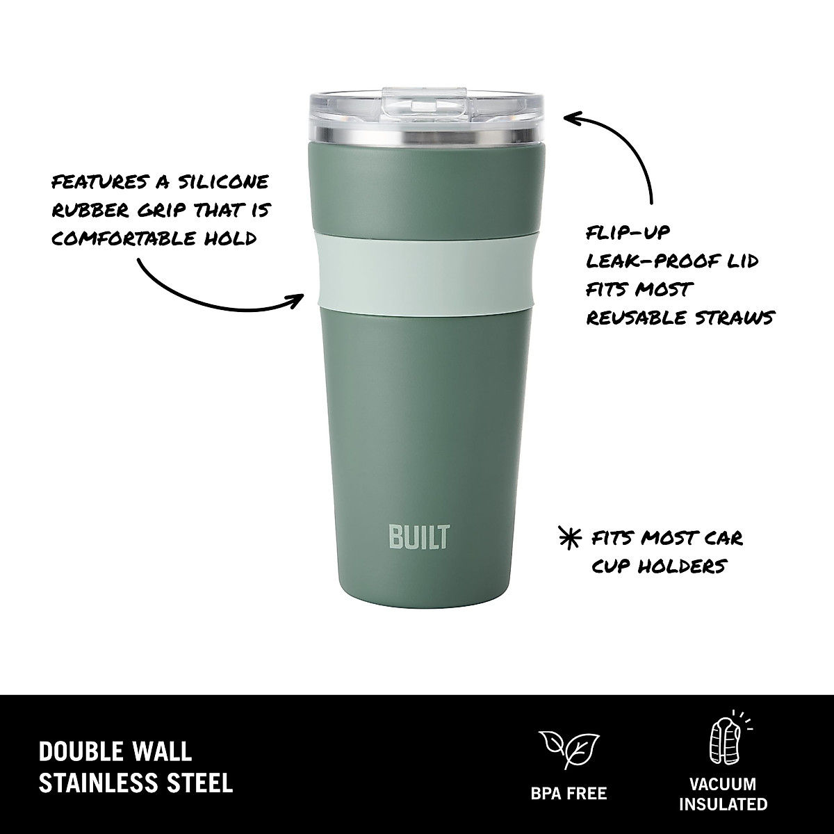 BUILT 24oz Shasta Double Wall Vacuum Insulated Stainless Steel Tumbler with Easy to Clean Flip to Open Lid, Sage