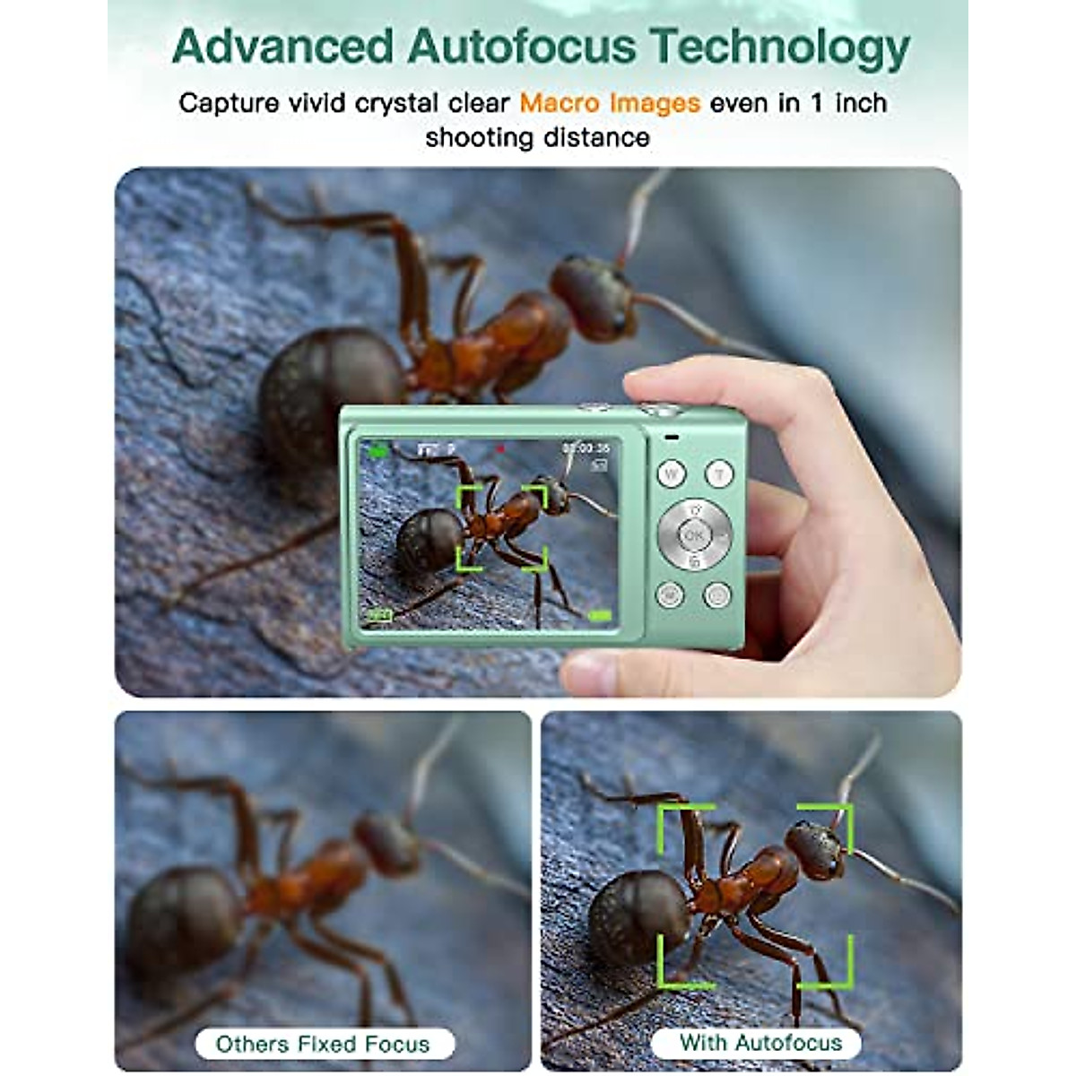 Digital Camera, Zostuic 2.7K Autofocus 48MP Kids Camera with 32 GB Card 16X Zoom Compact Portable Mini Toy Cameras Christmas Birthday Festival Gift for Kid Children Teens Girls Boys(Green)