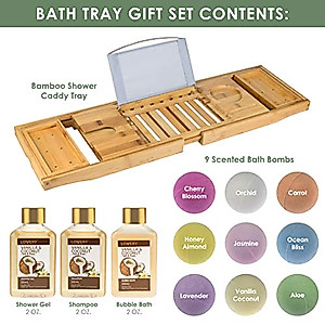 Mother's Day Gifts from Son, Premium Bamboo Bathtub Caddy Tray Gift Set with Bath Bombs, Shower Gel, Shampoo & Bubble Bath, Luxury Bathtub Tray with Book & Wine Holder, Expandable Tray to Fit Any Tub