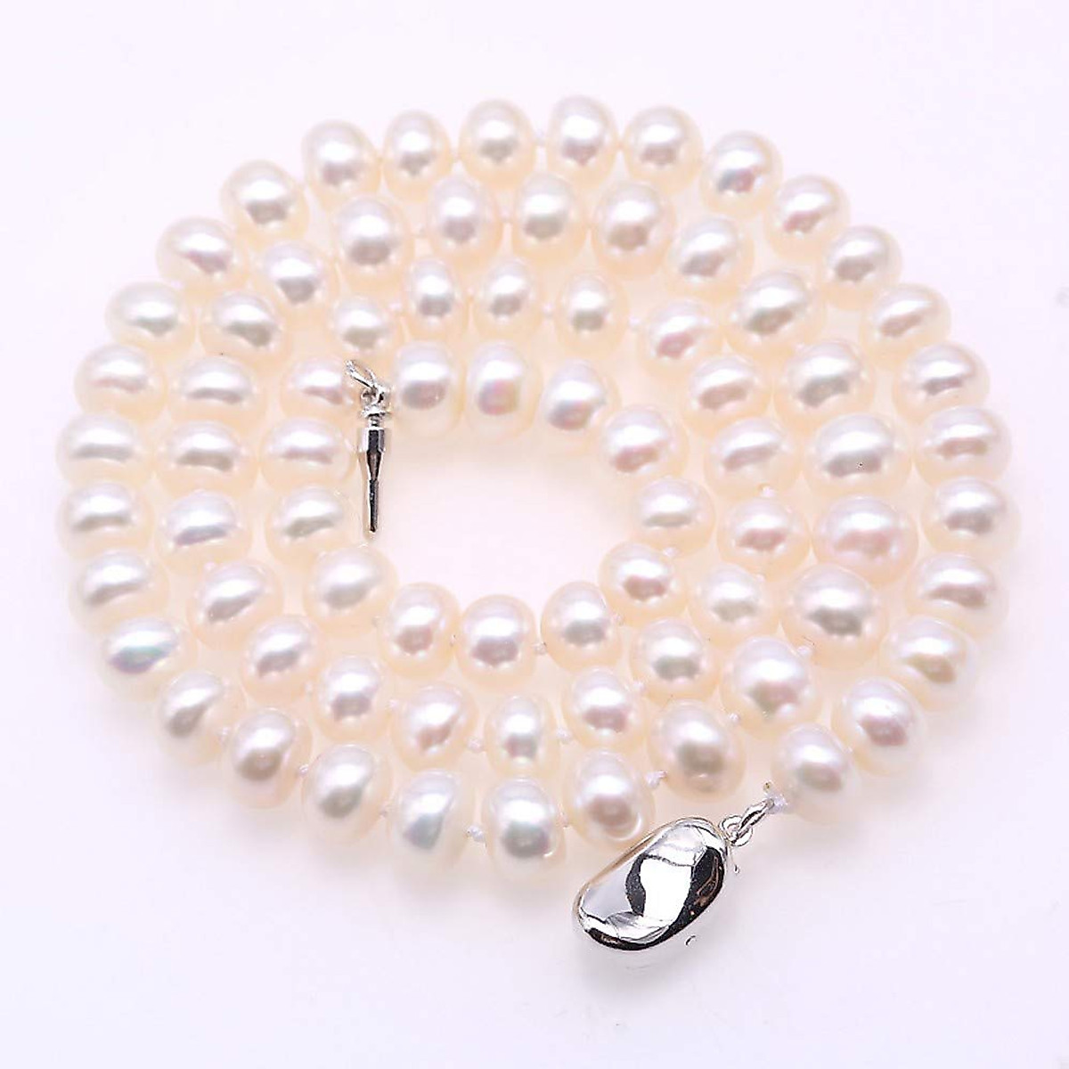 JYX Pearl 7-8mm Near-round Natural White Cultured Freshwater Pearl Necklace Strand 18"