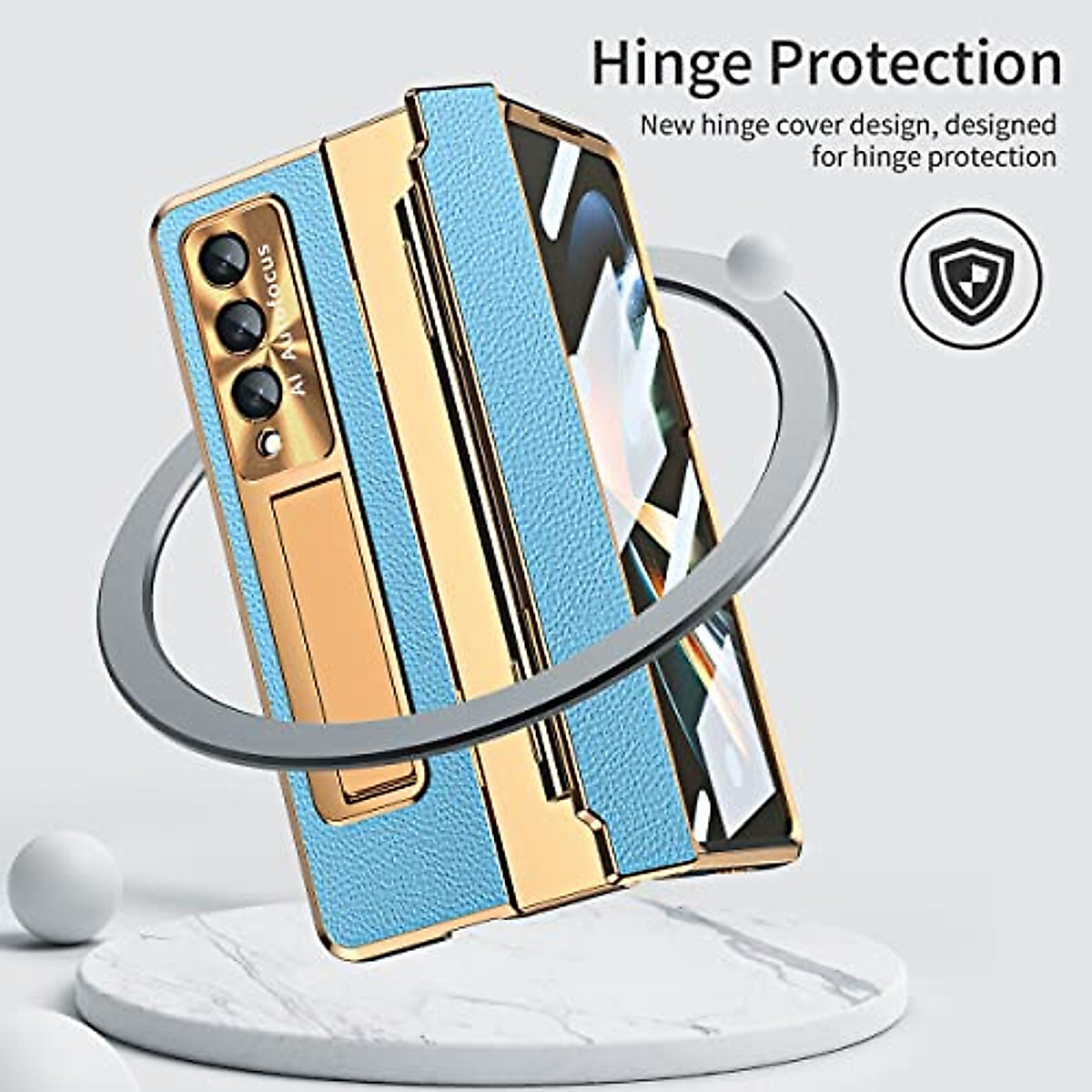EAXER Compatible with Samsung Galaxy Z Fold 3 5G Case, Full Coverage Protection Built in Screen Protector Stand Shockproof Hinge Case Cover (Golden&Blue)