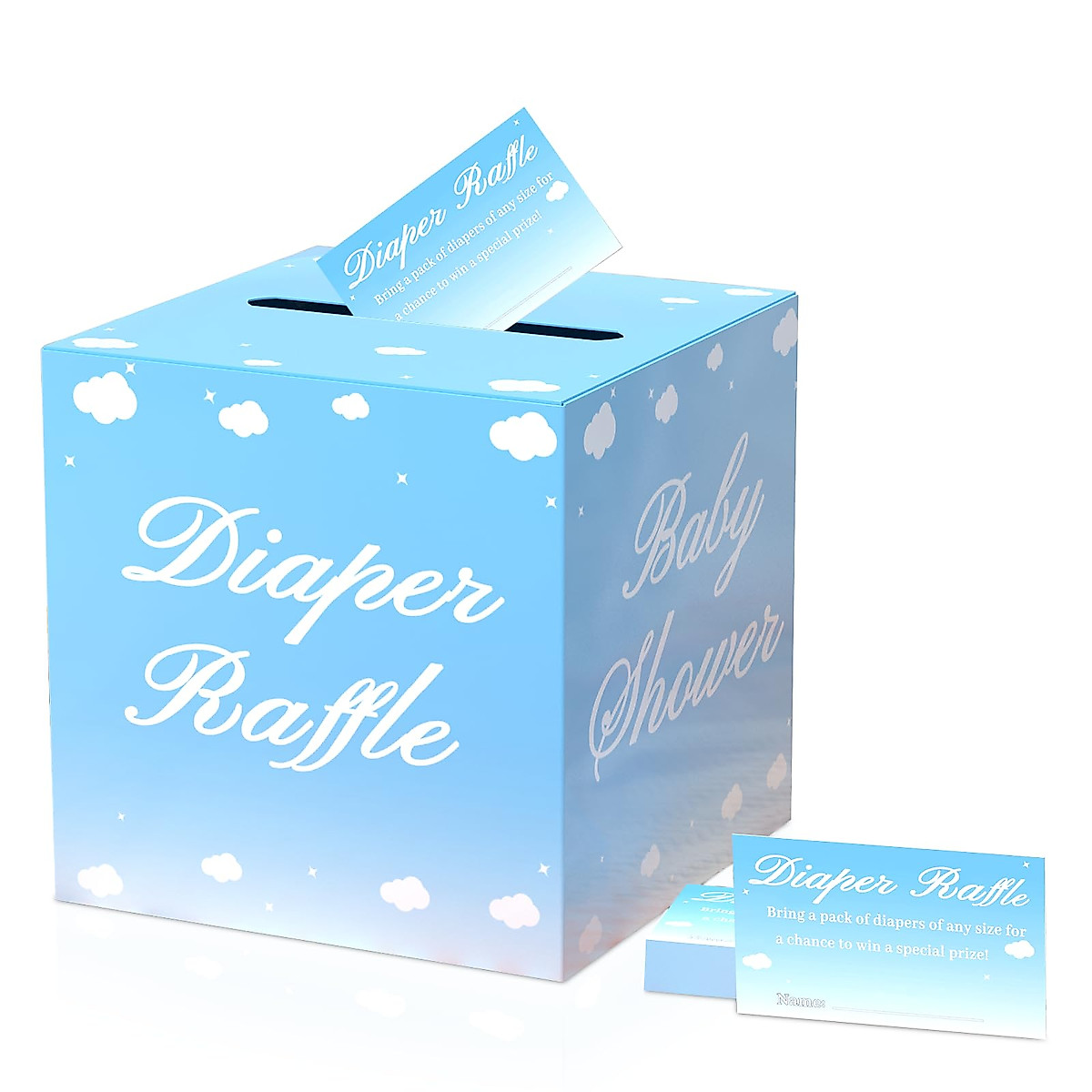 QISOLIY 50 Pieces Diaper Raffle Tickets with Box Baby Shower Game Invitations Diaper Raffle Cards Diaper Raffle Box Set for Baby Shower Gender Reveal Party Supplies Card Box (Blue)