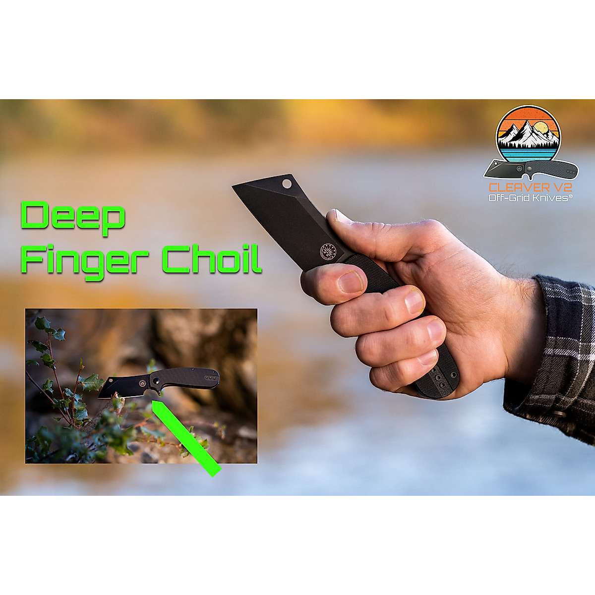 Off-Grid Knives - Cleaver V2 Folding Knife, D2 Tumbled Black Cleaver Blade, G10 Scales, Ceramic Ball Bearings, Left & Right Hand Carry