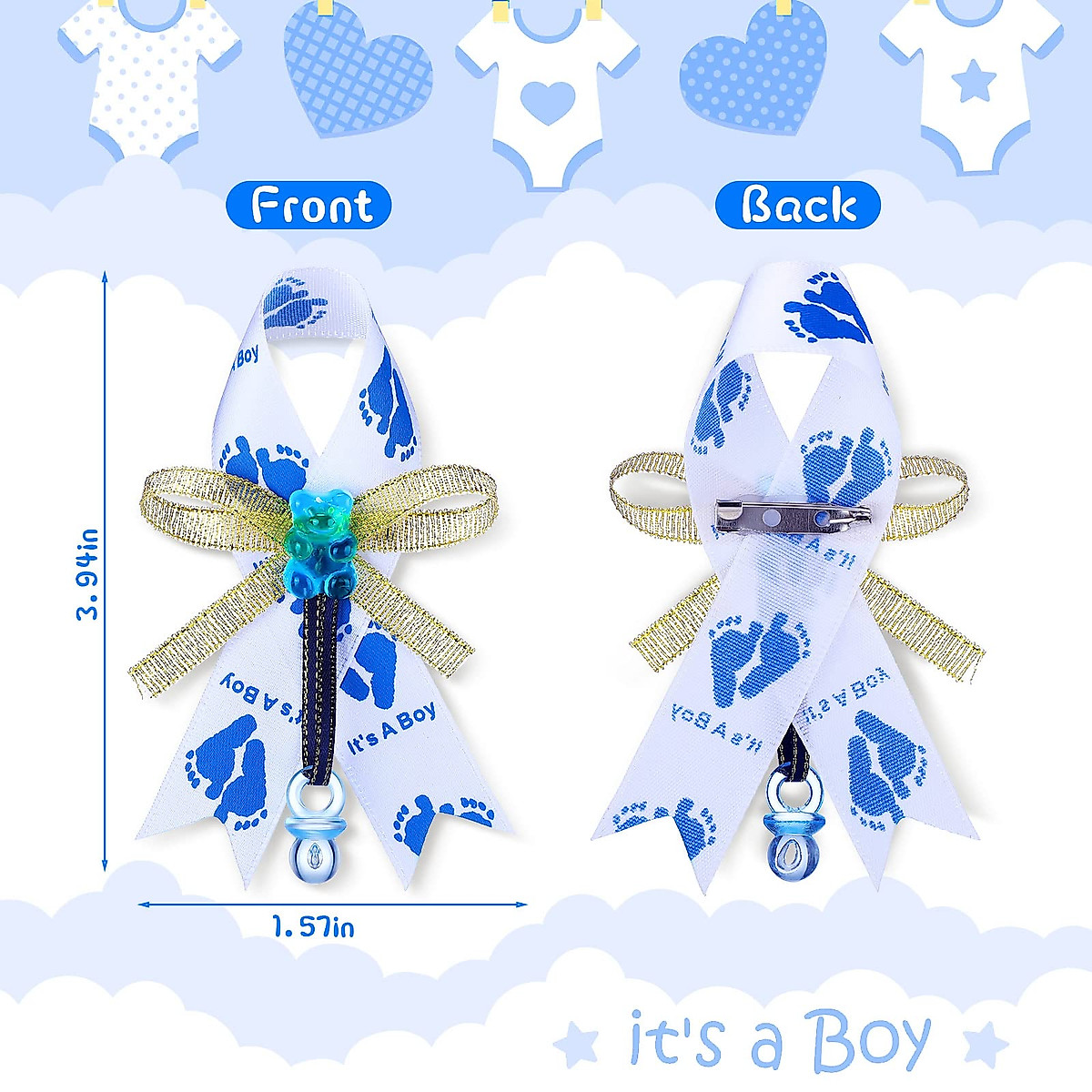 50 Pcs Baby Shower Bowknot Brooch Pins Baby Shower Gifts It's a Boy Ribbon Brooch with Blue Pacifier and Bear for Gender Reveal Party Decorations Baby Shower Party Favors