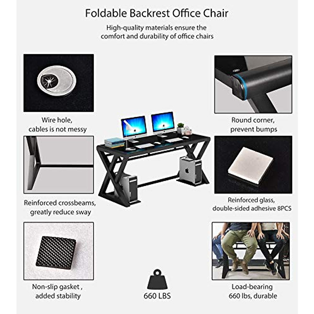 NA Tempered Glass Computer Desk with X-Shaped Metal Frame, Fashion Modern Design Writing and Study Desk, Work Desk for Home Office (55.1 inch)