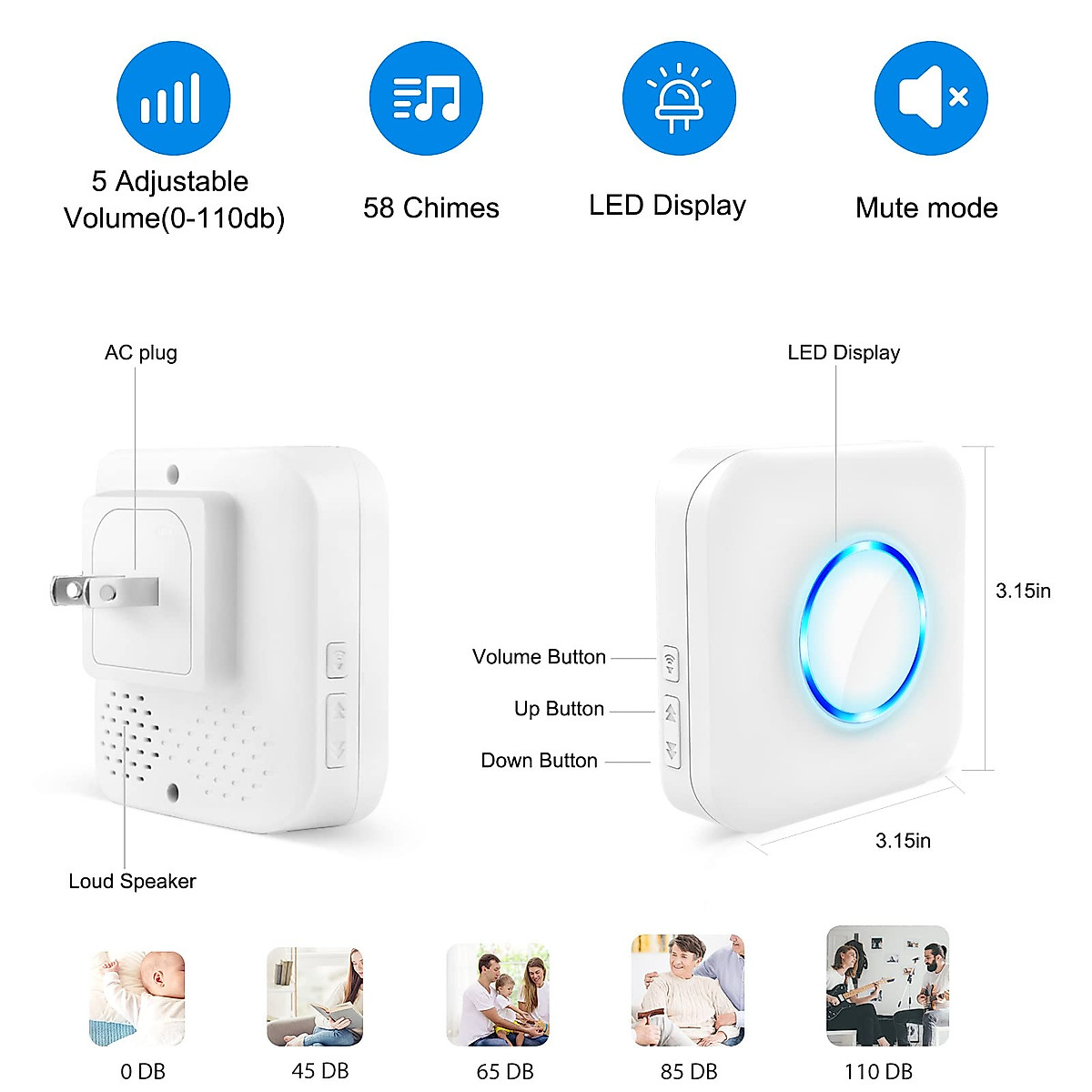 Caregiver Pager for Elderly, BITIWEND Wireless Call Button Personal Safety Alarm 600ft Range Smart Patient Help System Waterproof for Home/Elderly/Patient/Disabled Nurse Calling Alert 58 Chimes