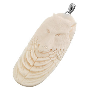 FifiRose Wolf Hand Carving Buffalo Bone 925 Sterling Silver Pendant, 3"