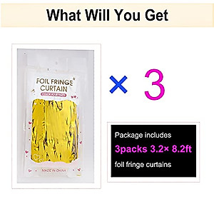 3Packs 3.2ft x 8.2ft Gold Foil Fringe Curtains, Gold Streamers Backdrop, Gold Metallic Tinsel Curtains Golden Backdrop for Bachelorette Engagement Wedding Birthday Golden Party Decorations