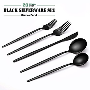 20 Pieces Black Silverware Set, Stainless Steel Flatware Sets Includes Spoons Forks Knives, Cutlery Utensils Set Service for 4, Black Mirror Polished, Dishwasher Safe