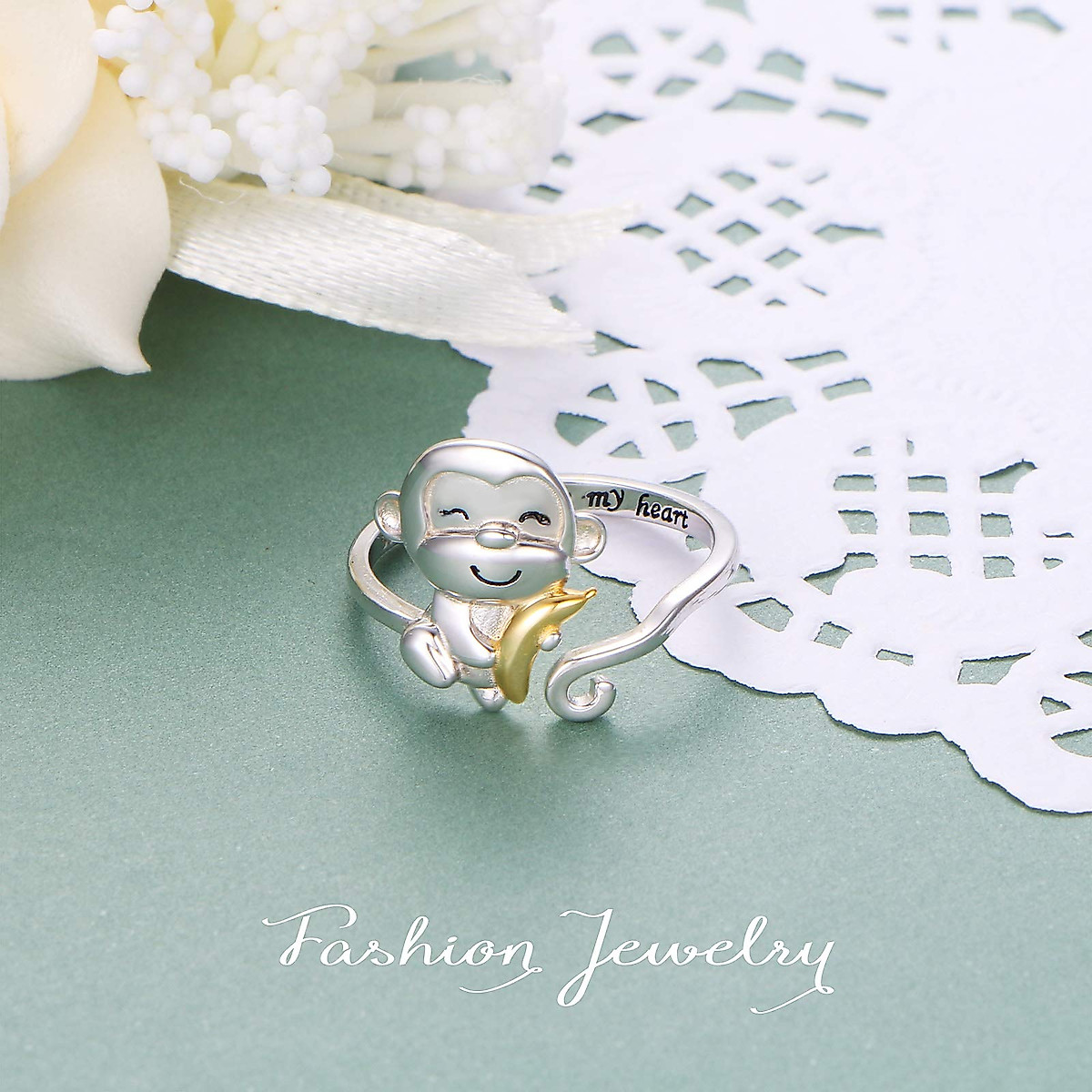 FLYOW 925 Sterling Silver Engraved Always In My Heart Cute Animal Wise Monkey with Banana Adjustable Ring Birthday Jewelry for Women, Size 6