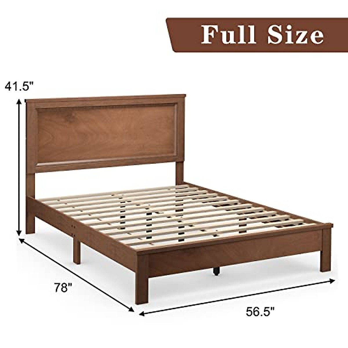 KOMFOTT Wood Full Bed Frame with Headboard, Mid Century Platform Bed with Solid Wood Slats Support & Rubber Wood Legs, Slatted Bed Mattress Foundation, No Box Spring Needed, Easy Assembly