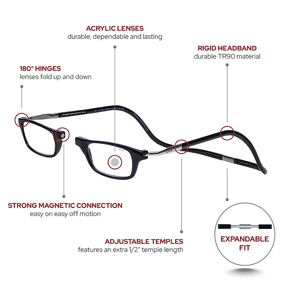 Clic Magnetic Reading Glasses (Expandable), Adjustable Temple Computer Readers, Original Expandable, (M-XL, Black, 1.75 Magnification)