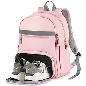 MoKo Gym Backpack with Shoe Compartment, 15.6 Inch Laptop Bag Backpack Stylish Water Resistant Travel Backpack Anti Theft School Backpack for Women/Girls/Teens Gifts, Pink