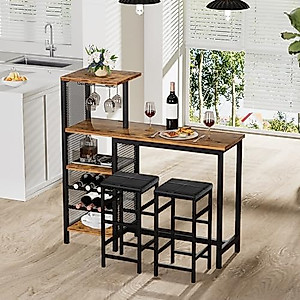 VECELO Bar Table and Chairs Set for 2, 3-Piece Dining Set with Storage Shelves, Cup Holder & Wine Rack, PU Leather Cushion Stools, for Kitchen Small Space, Brown