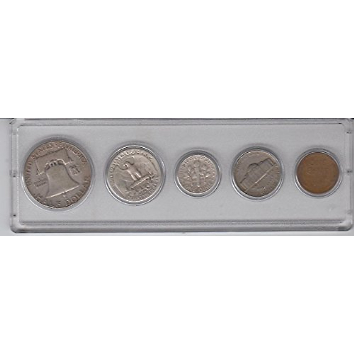 1951 No Mint Mark Birth Year Coin Set (5) Coins - Silver Half Dollar, Silver Quarter, Silver Dime, Nickel, and Cent All Dated 1951 and Encased in a Plastic Display case Collection Seller Very Good -Fine