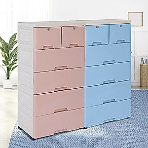 TFCFL Modern 6 Drawer Dresser, 5 Layers Drawer Chest Storage Cabinet Tall Dresser Organizer with Rolling Wheels, Keys for Clothes, Playroom, Bedroom Furniture, Living Room, Blue