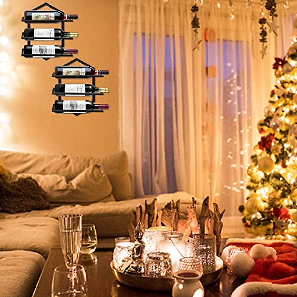 YALINKA 2Pcs Wall Mounted Wine Stemware Rack, Metal Hanging Wine Glass Display Holde Holds 3 Bottles, Elegant Storage for Kitchen Dining Room Bar Wine Cellar