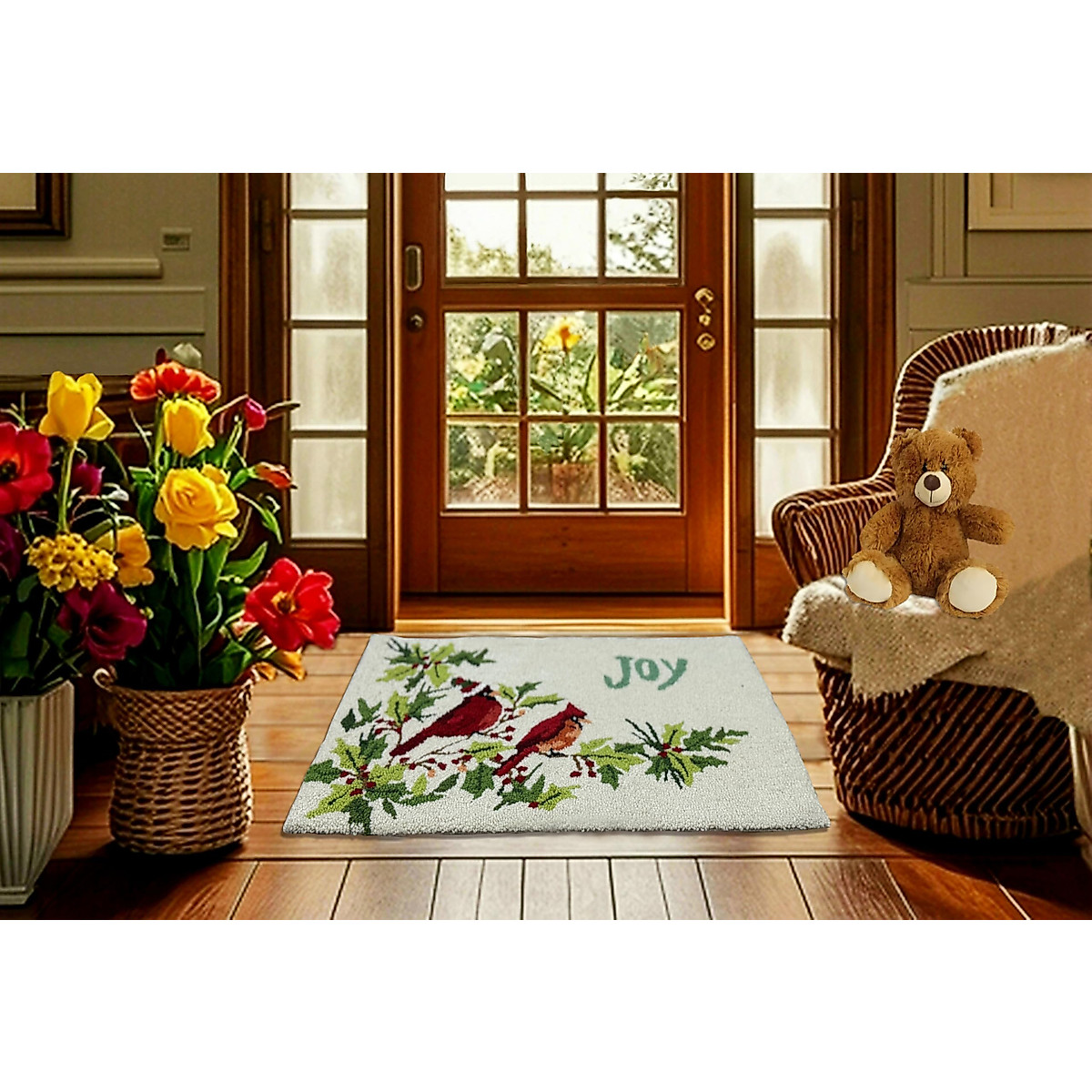 EZ.enjoy Winter Cardinal on Branch Holly Berries Joy Hand-Hooked Accent Rug 28.5 X 17 Inches for Holiday Christmas Home Decor