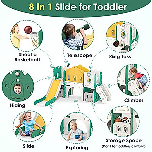 BIERUM 8 in 1 Toddler Slide, Kids Slide for Toddlers Age 1+ with Extra Long Aisle, Storage Space, Ring Toss and Basketball, Outdoor Indoor Slide Playset Toddler Playground Easy Assembly