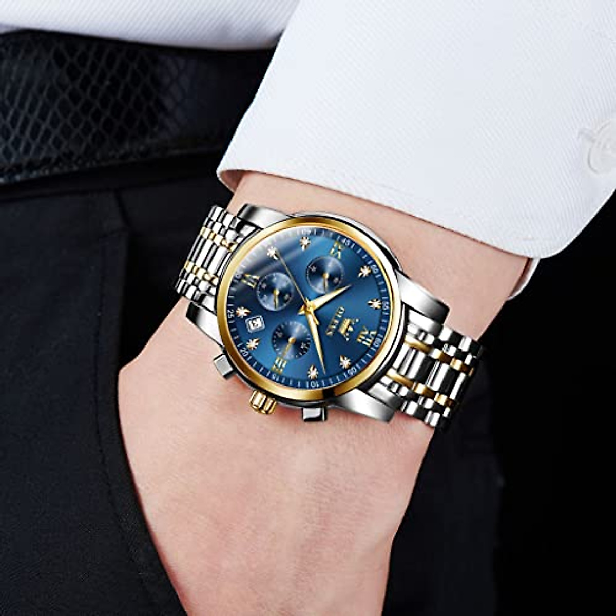 OLEVS Blue Quartz Watches for Men Big Dial Analog Chronograph Watch Easy Read Roman Numeral Mens Silver Gold Stainless Steel Strap Watches with Date Water Resistant Luminous Hands Diamond Watch Men