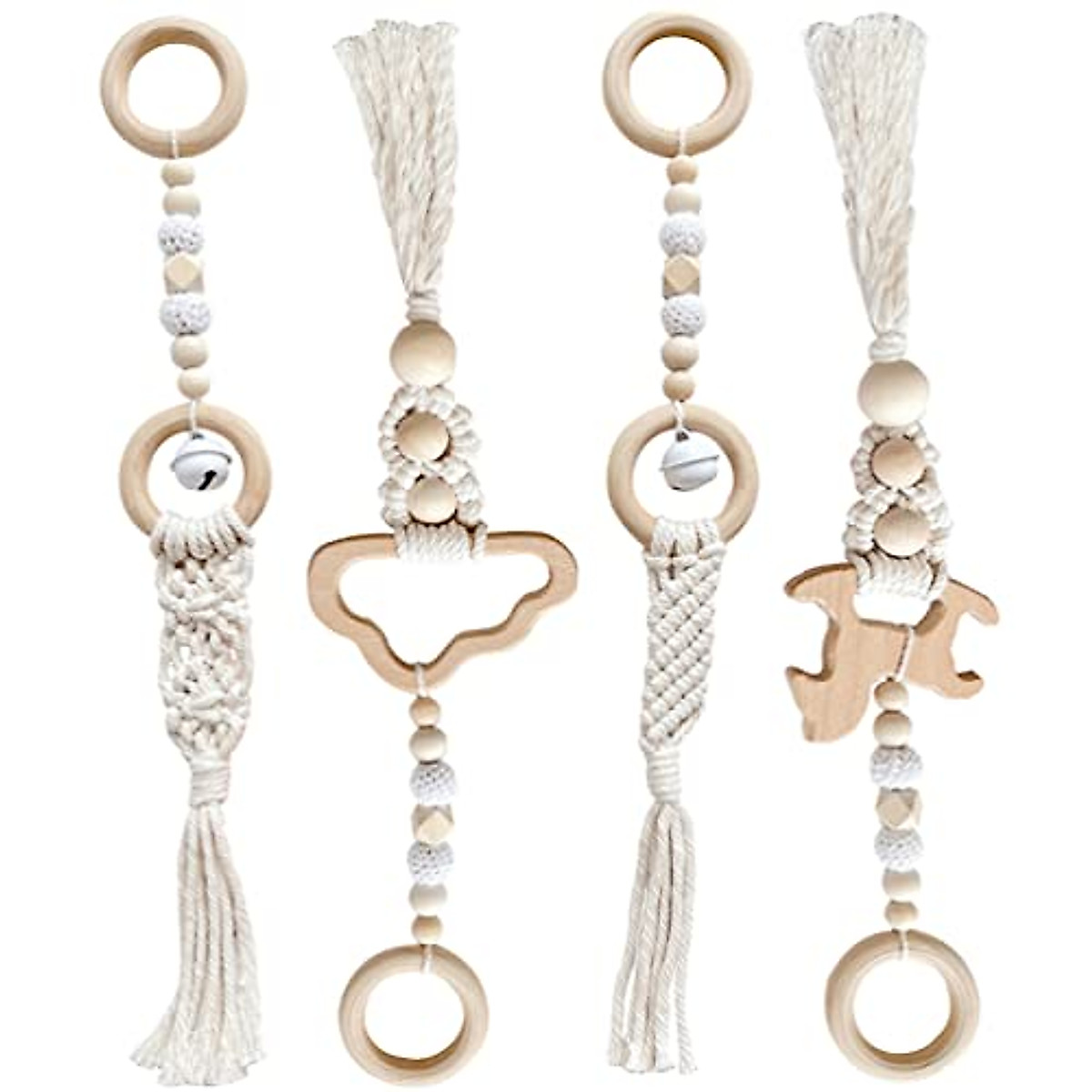 Beavorty 4Pcs Baby Wooden Gym Teething Rings with Tassels Macrame Fitness Woven Crib Hanging Rattles Pendants Toys Crib Hanging Ornaments