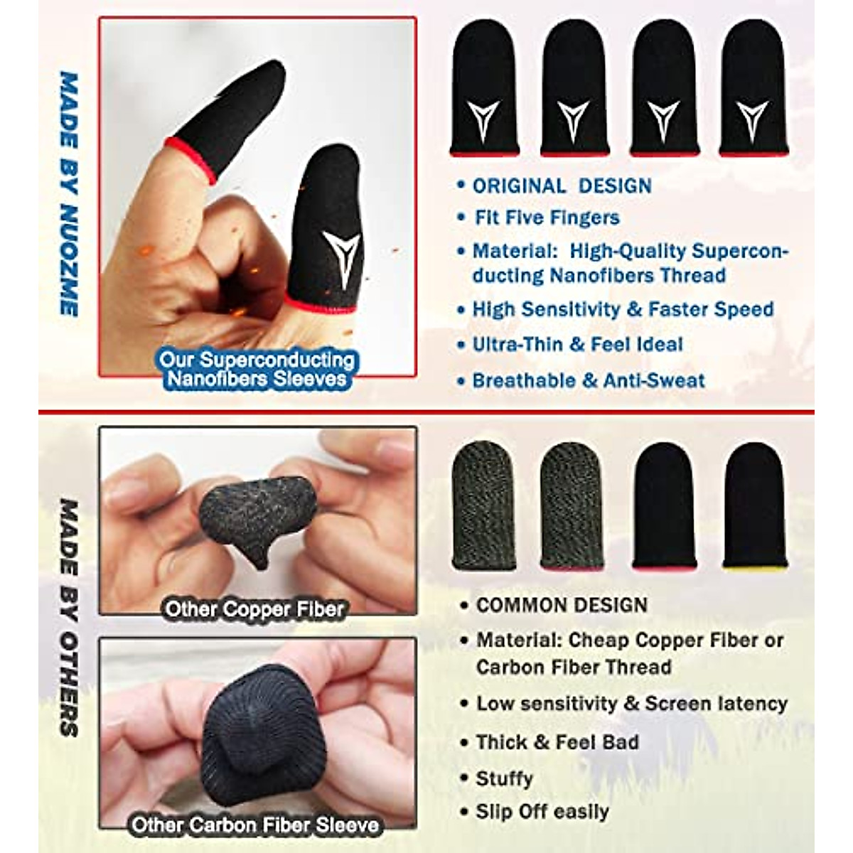 10 Pack Mobile Phone Gaming Finger Sleeves, Nuozme Finger Sleeves Fit All Touchscreen Devices, 0.15mm Superconducting Nanofibers, Smooth Feel, Anti-Sweat, Extremely Thin, Red Edge