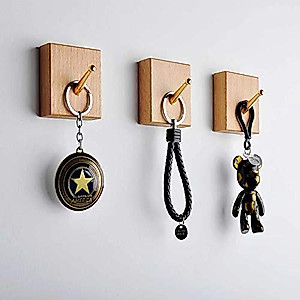 HomeDo Wood Wall Hooks Hat Rack, Wooden Coat Hooks Wall Mounted, Decorative Hooks Single Organizer Hat Hanger Towel Rack, Heavy Duty Hooks (Brass-Beech-4Pack)