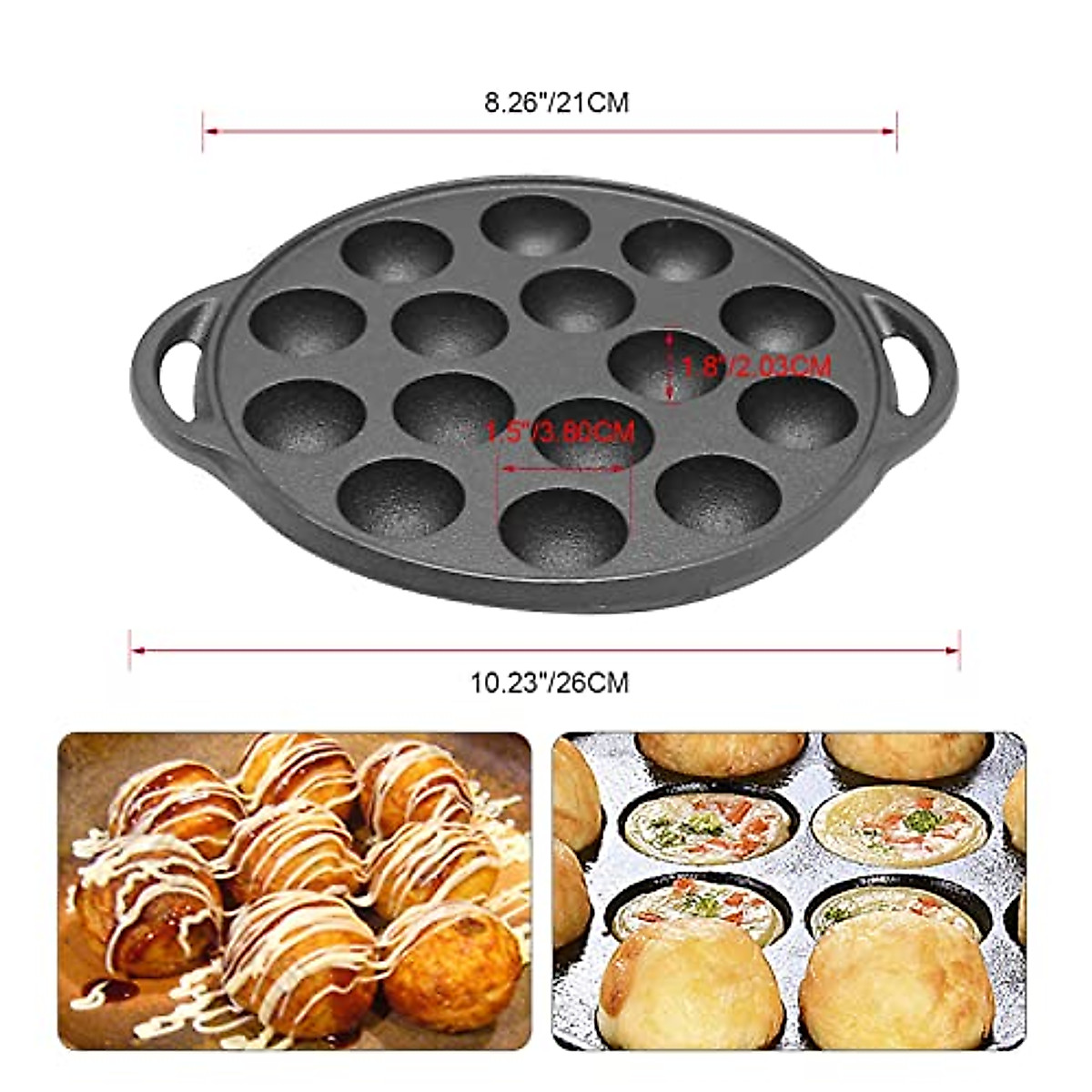 15 Hole Cast Iron Takoyaki Pan, Heavy Duty NonStick Cooking Plate 1.5" Half Sphere Octopus Ball Maker for Baking Cooking