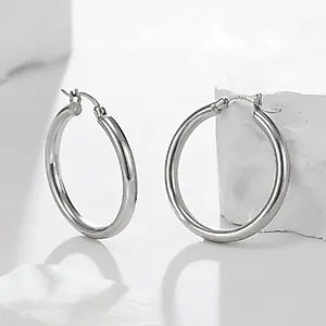 SWEETV Sterling Silver Earrings Chunky Hoop Earrings for Women 30MM Medium Huggie Earrings Silver Hoops